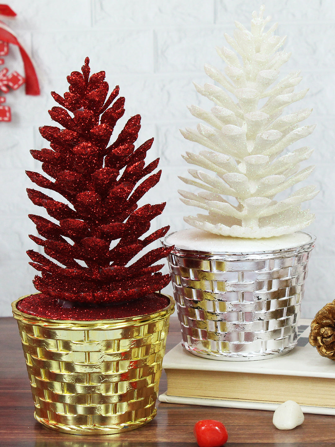 Buy | Red & White Artificial Mini Christmas Tree with Golden & Silver ...