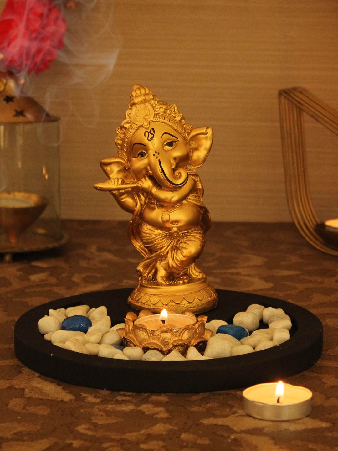 Buy | Gold-Toned and Black Ganesha Idol with Tray Stones and Tealight ...