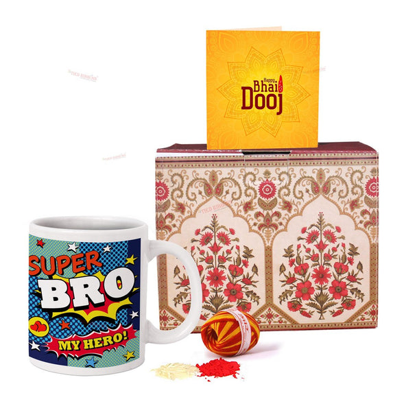 Buy | Super Bro Printed Coffee Mug and Bhai Dooj with Moli | Tied Ribbons