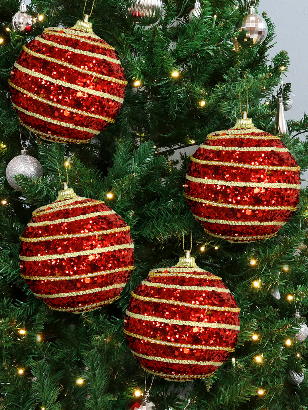 Buy | Red Set Of 4 Christmas Tree Decoration Balls | Tied Ribbons