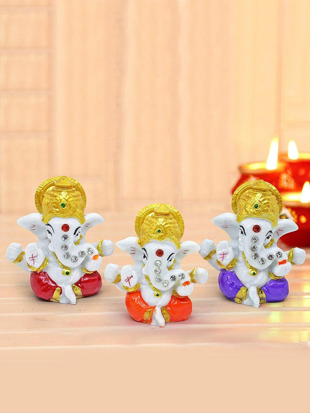 Buy | Set Of 3 Mini Ganesha With Wooden Tray | TIED RIBBONS PRIVATE LIMITED