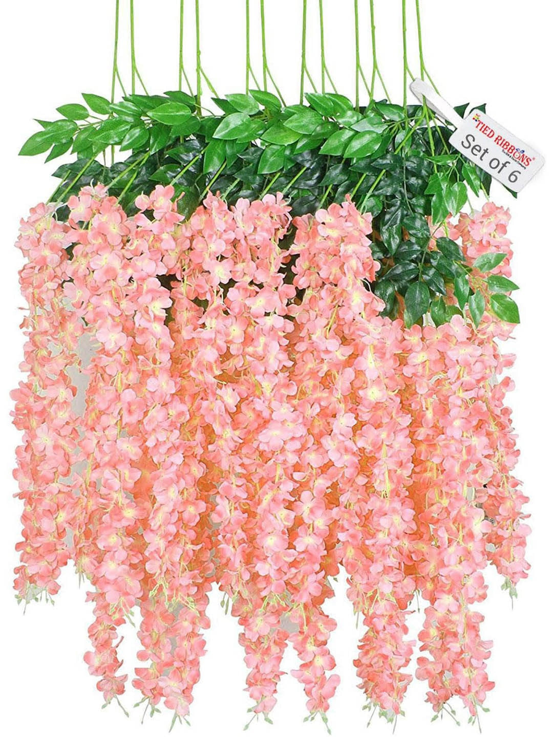 Buy | Set Of 6 Peach-Coloured and Green Artificial Hanging Wisteria ...