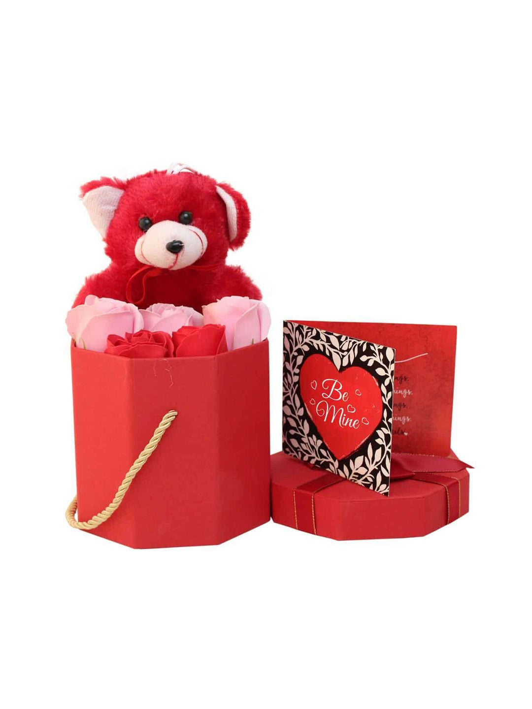 Buy | Red & Black 3-Pieces Teddy Bear With Flowers | Tied Ribbons