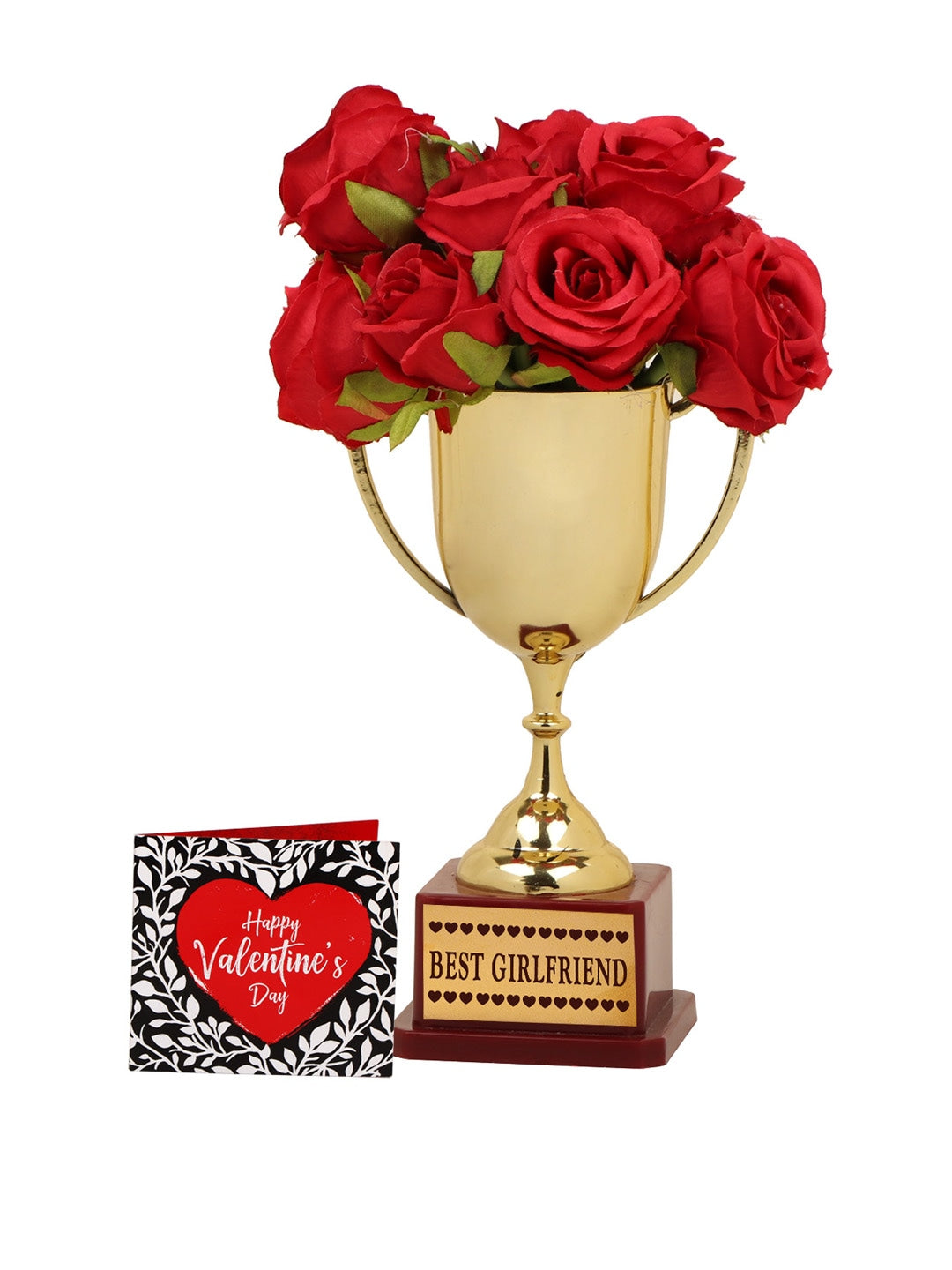 Buy | Artificial Scented Rose Bunch With Golden Trophy | Tied Ribbons