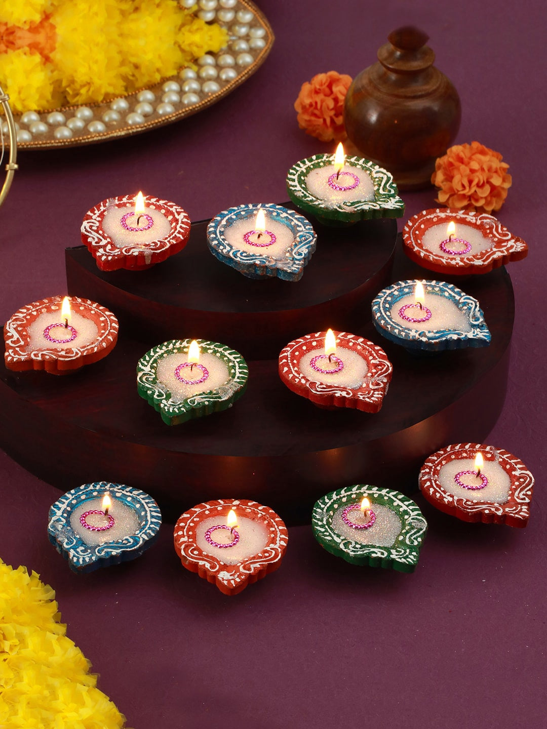 Buy | Red 12 Pieces Terracotta Diwali Diyas | Tied Ribbons