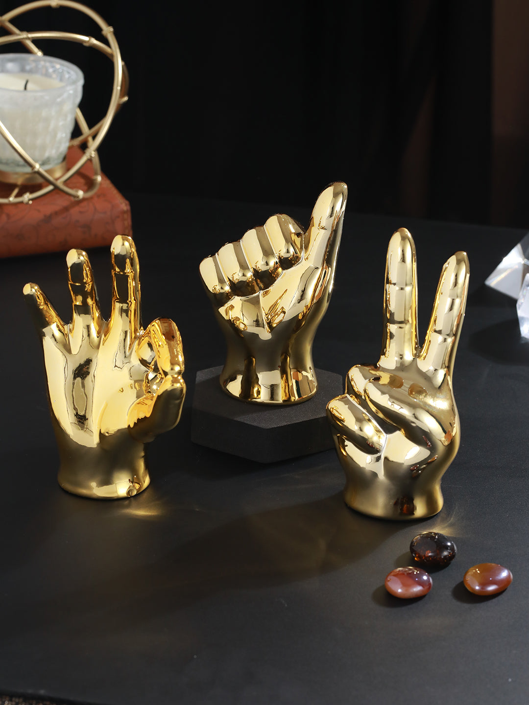Buy | Gold-Toned 3 Pieces Hand Sign Figurine Showpieces | Tied Ribbons