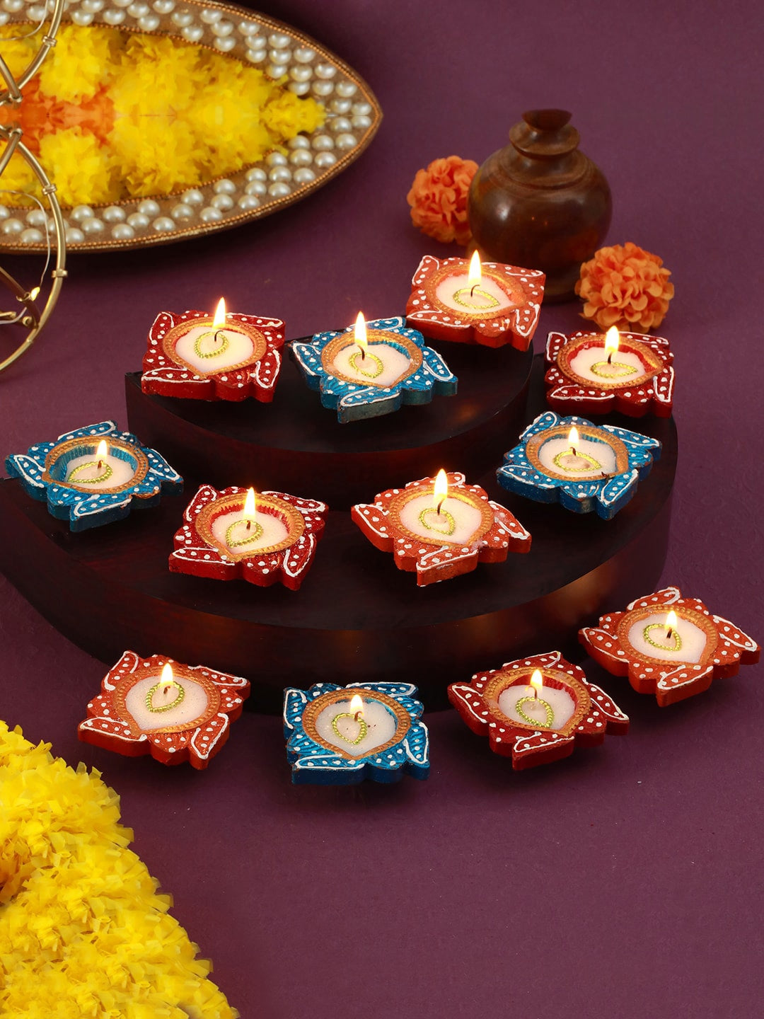 Buy | Red & Blue 12 Pieces Terracotta Diwali Diyas | Tied Ribbons