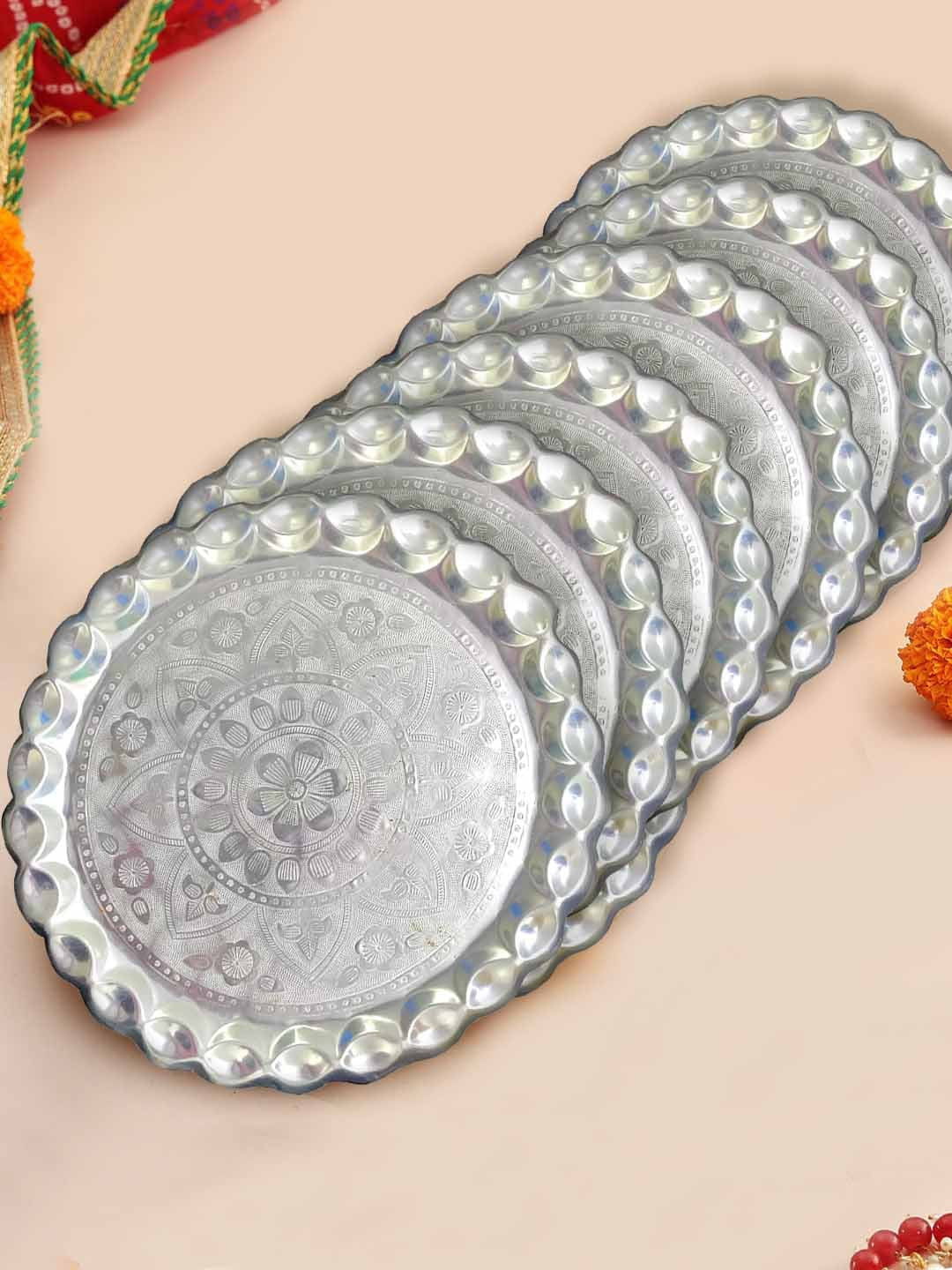 Buy | Silver Toned 6 Pieces Pooja Thali Gifting Plate | Tied Ribbons