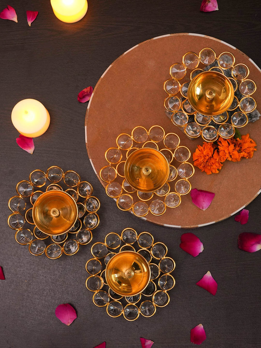 Buy | Set of 4 Gold Diamond-Toned Decorative Crystal Diyas | Tied Ribbons